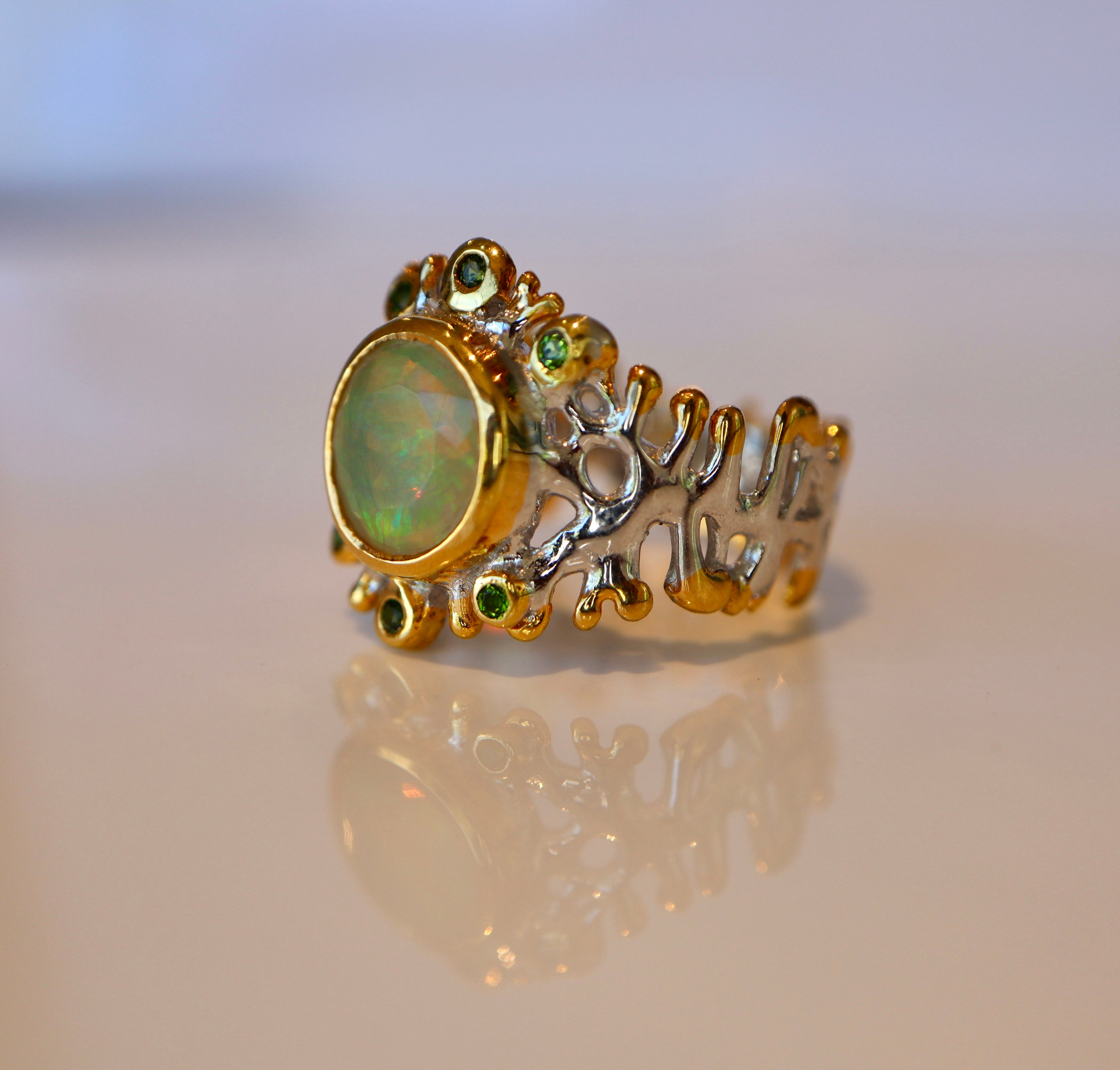 Round Natural Opal and Peridot Ring – Raku Gallery