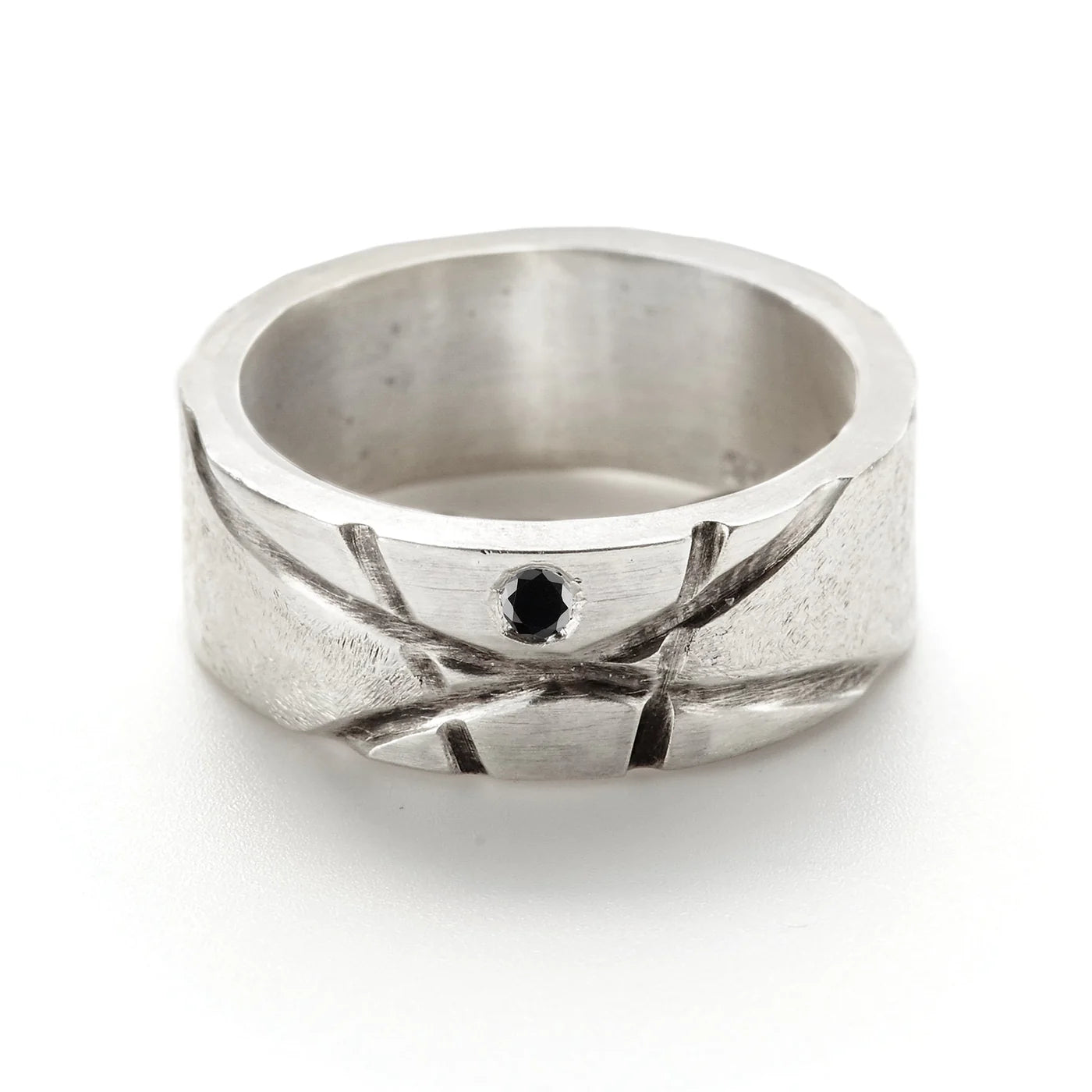 Oxidized sterling line band with 2mm black diamond – Raku Gallery